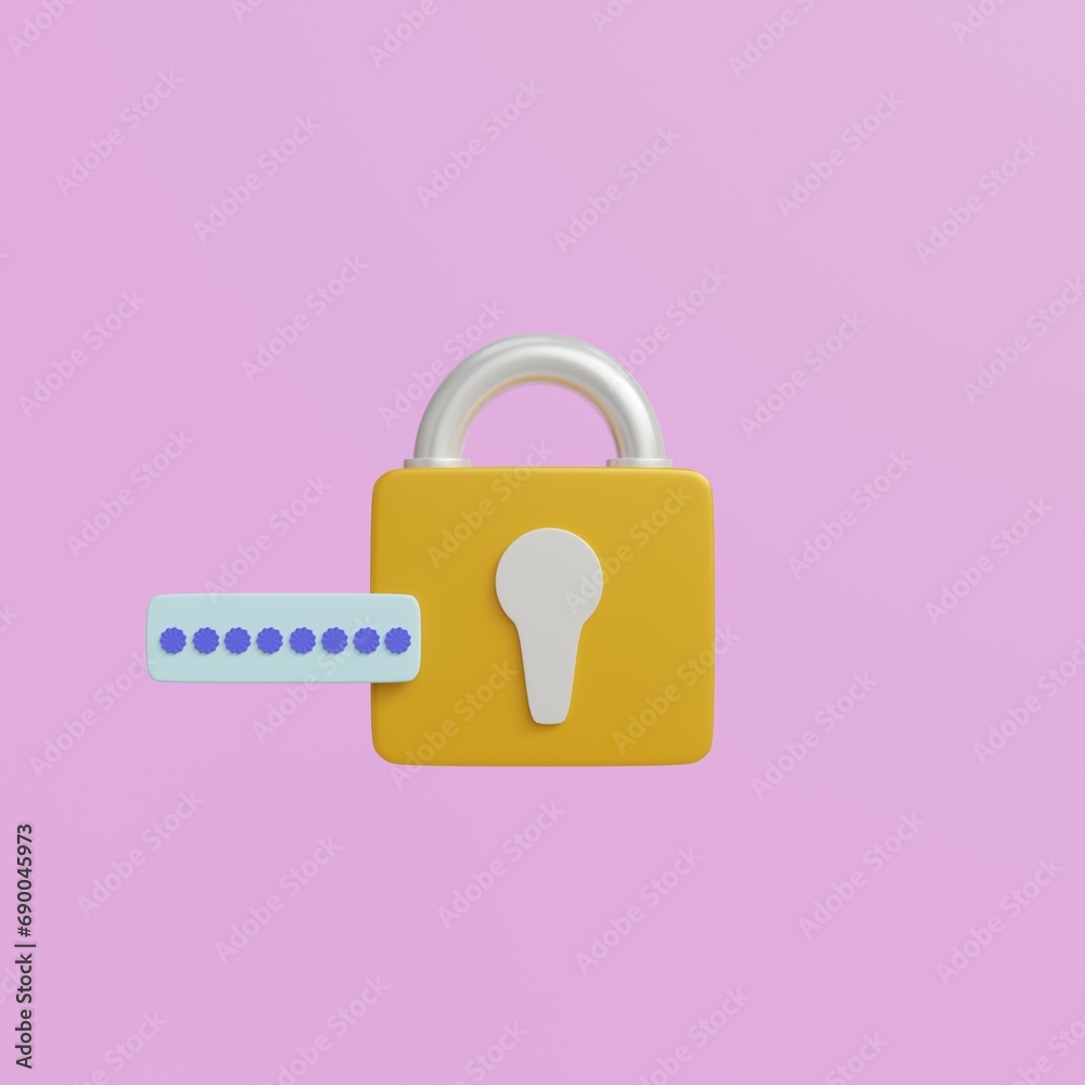 3D Realistic Yellow Locked padlock password illustration. on pink ...