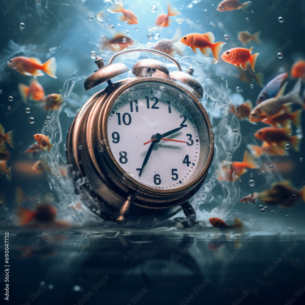 A ringing alarm clock underwater surrounded by orange goldfish urgent ...