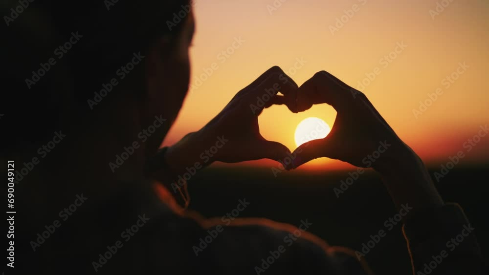 Woman folding hands at sunset in heart shape, symbol of real romantic ...