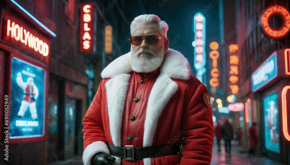 Santa wearing hi-tech glasses in a cyberpunk futuristic city with neon ...