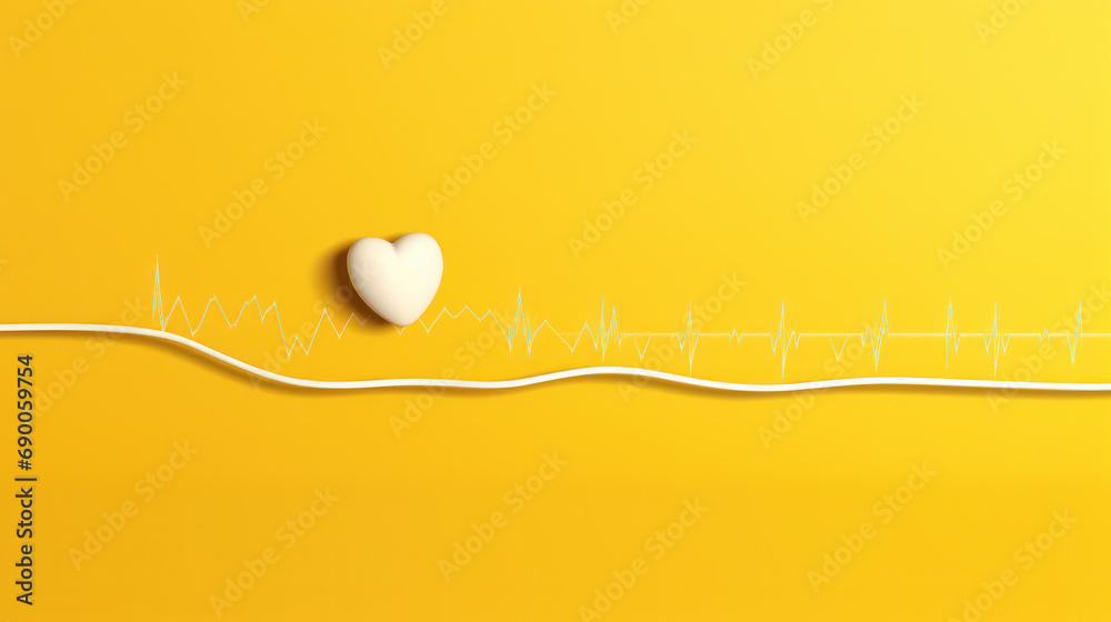 Yellow heart on electrocardiogram ECG with yellow heart, heart wave ...