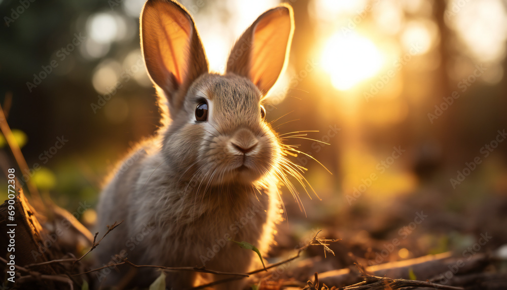 Recreation of cute rabbit in the field at sunset. Artificial ...