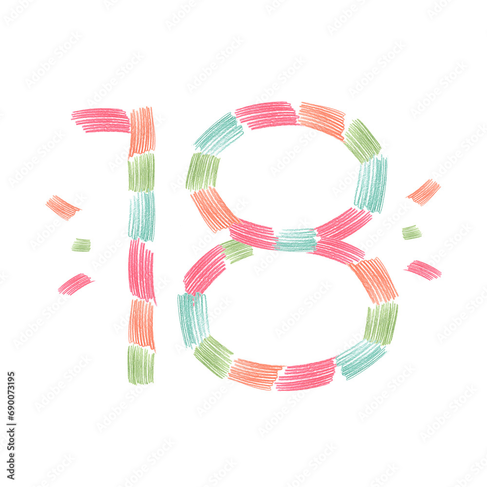 Number eighteen. Birthday date drawn with colored pencils. Save the ...
