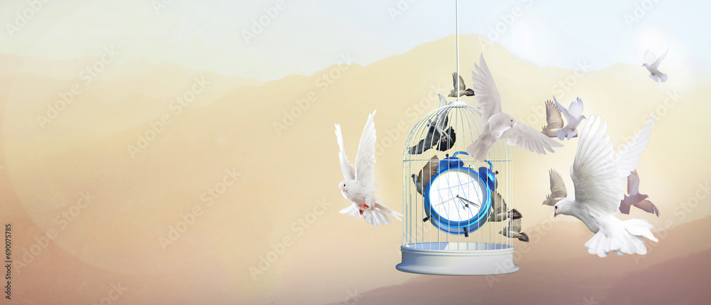 Blue clock concept in cage with time and white dove in evening sky ...