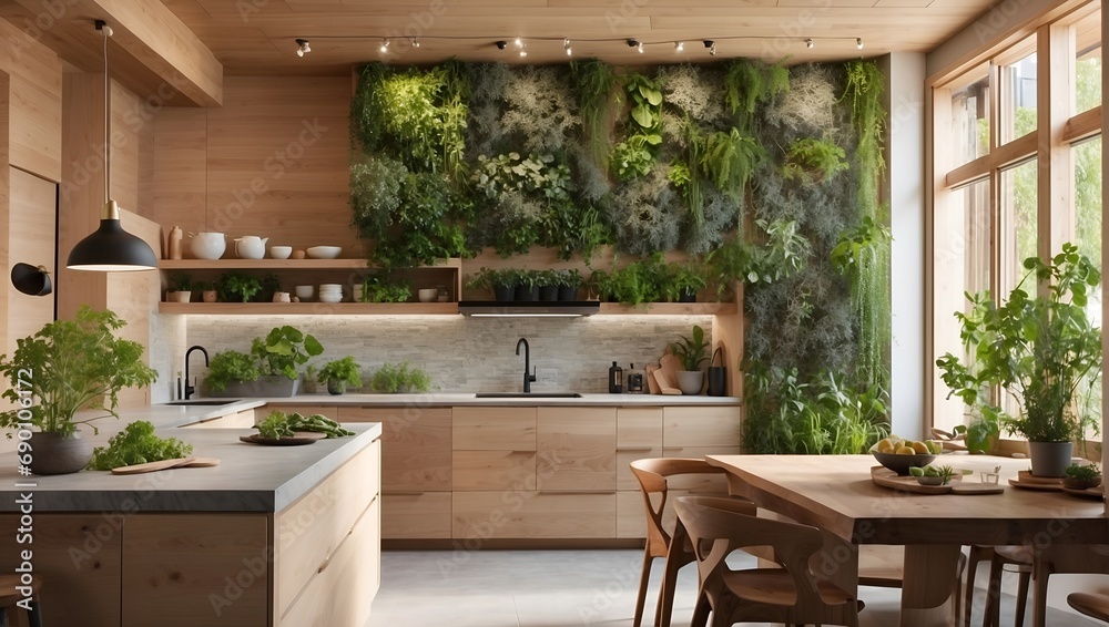 A nature-inspired kitchen, where a vertical herb garden, stone ...
