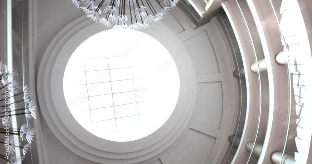 Ceiling with round glass skylight in lobby 4k movie. Architectural ...