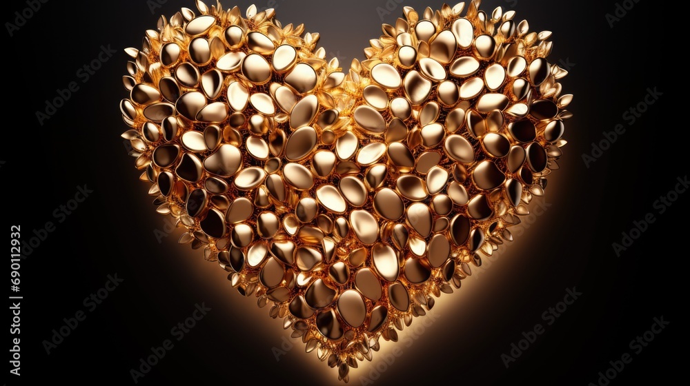 Golden glossy heart 3D background. Gold realistic metal heart. Happy ...