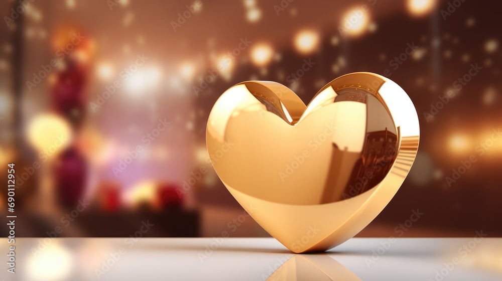 Golden glossy heart 3D background. Gold realistic metal heart. Happy ...