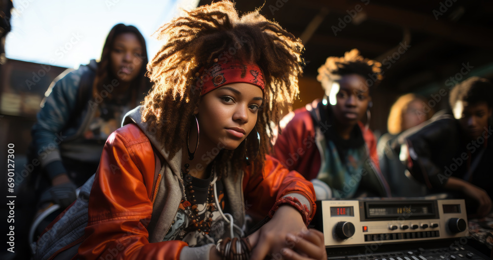 A group of young people in 80s urban style, gathered around a large ...
