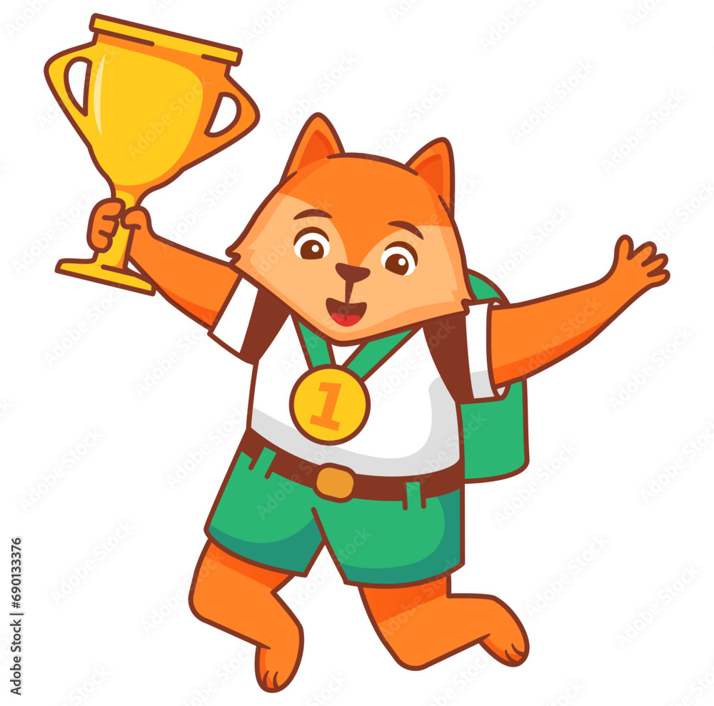 Happy cute kid fox win game gold trophy.Little fox character with gold medal holding up a gold ...