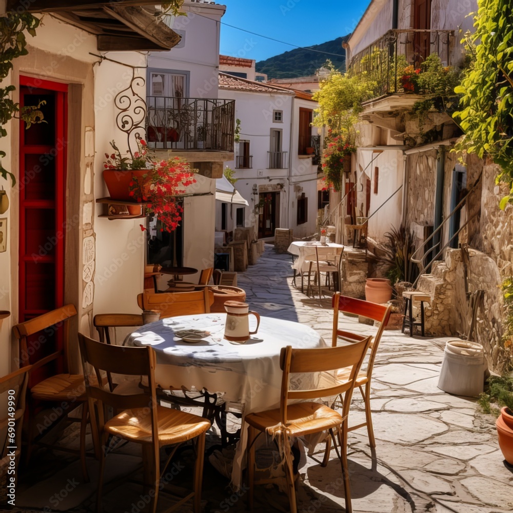 Outdoor cafe on a street of typical greek traditional village in Greece ...