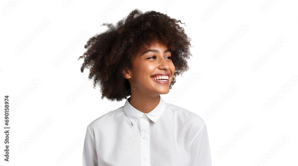 Smiling African woman looking to the left sideways, isolated on a ...