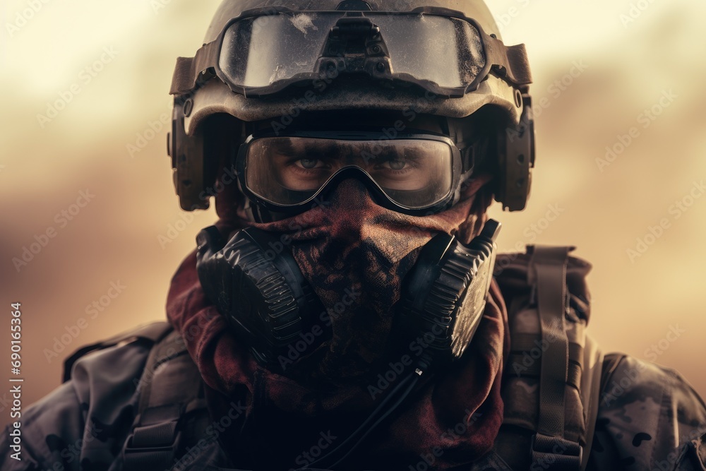 Portrait of a special forces soldier in full gear on blurred background ...