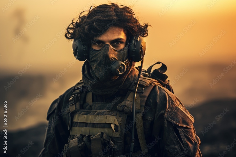 Portrait of a special forces soldier in a gas mask on the background of ...