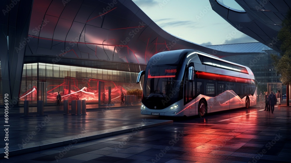 An articulated city bus at a modern bus station, its accordion-style ...