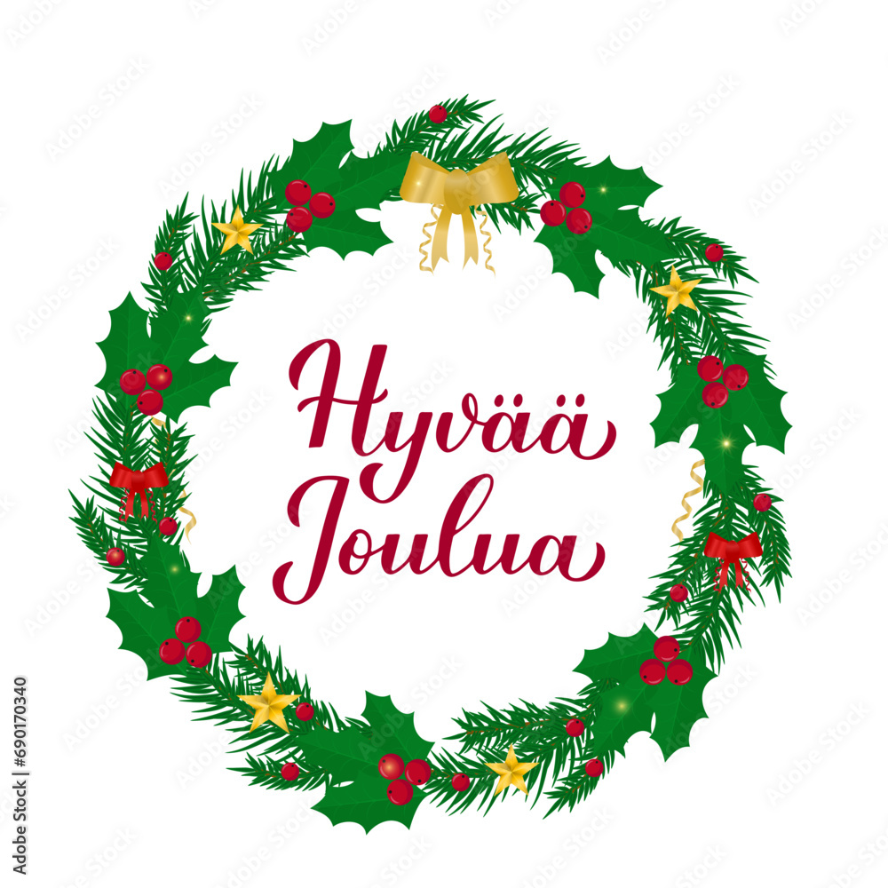 Hyvaa Joulua calligraphy hand lettering with wreath of fir tree ... Hyvaa Joulua calligraphy hand lettering with wreath of fir tree ...