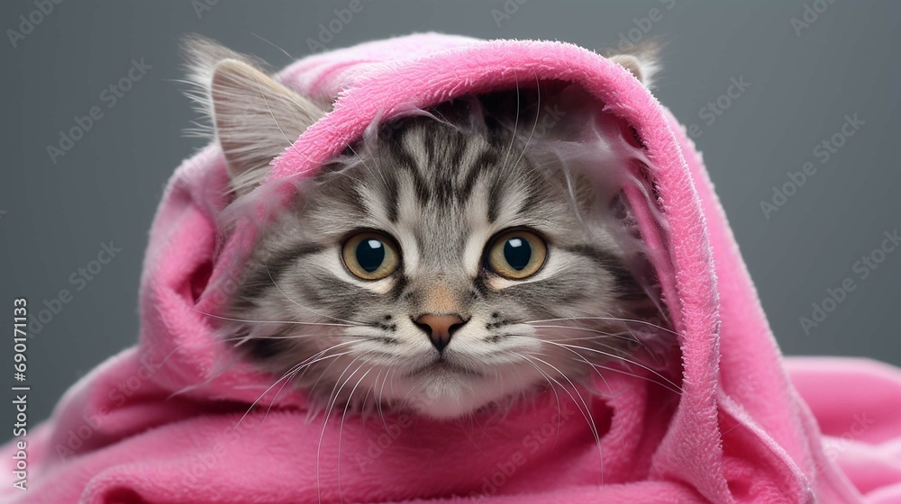 Funny smiling wet gray tabby cute kitten after bath wrapped in pink ...