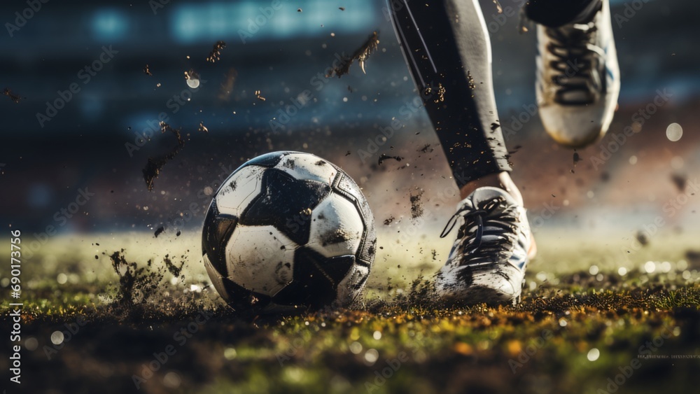 Dynamic Football Action - Player Kicking Ball on Mud and Grass Football ...