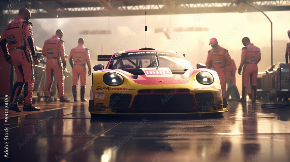 Professional pit crew ready for action as their team's race car arrives ...