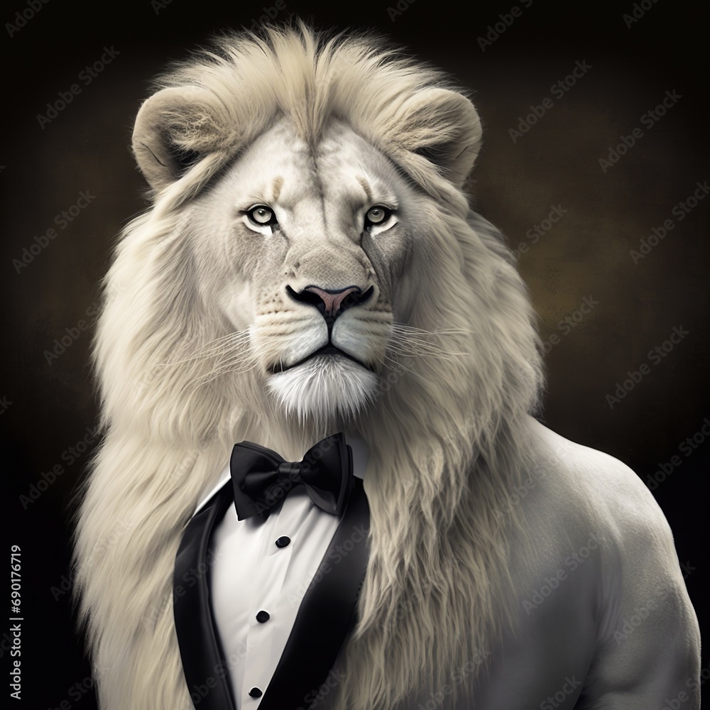 image of white male lion wearing tuxedo, conductor lion, animal ...