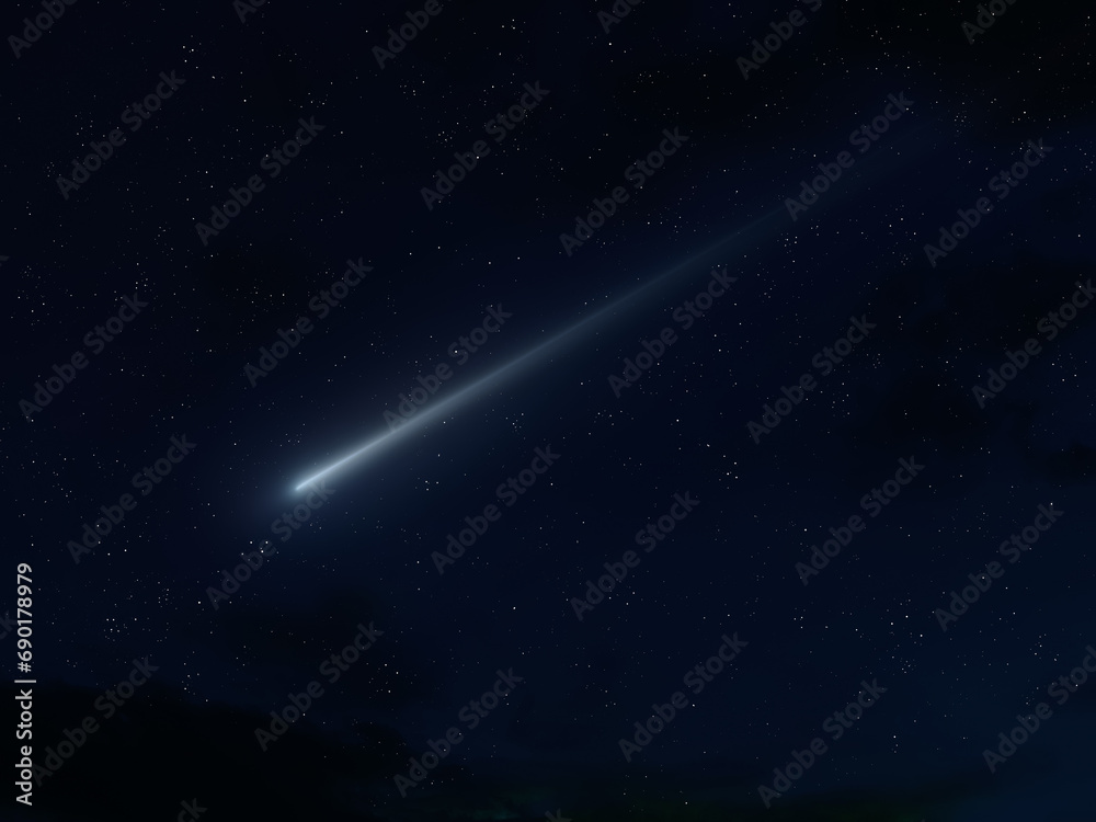 A single shooting star in a clear sky. Burning fireball in the starry ...