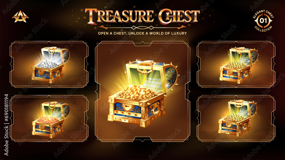 Open Treasure Chests Collection With Gold, Silver and Bronze Coins ...
