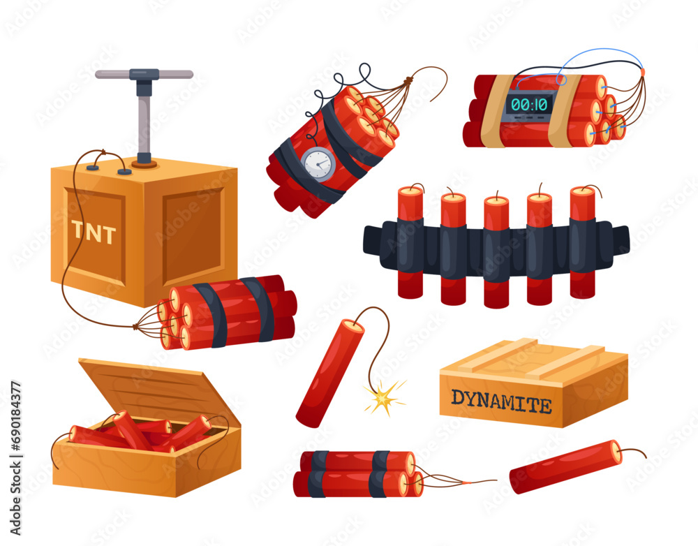 Dynamite with wick set. Vector set of explosive lethal weapon, TNT with ...