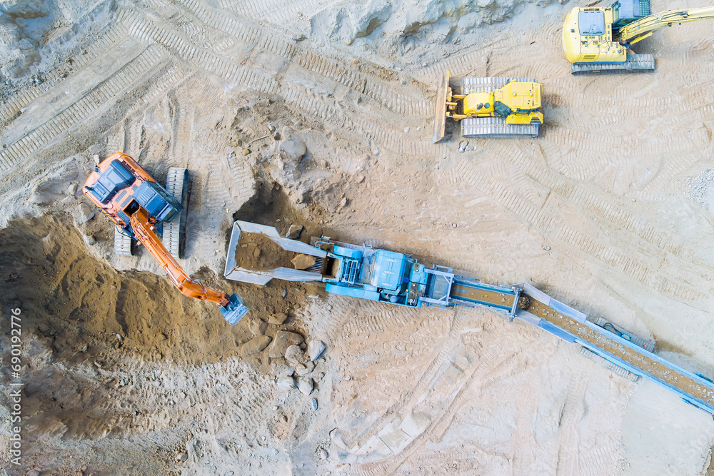 Open pit mining quarry processes crushed type rock with gravel ...