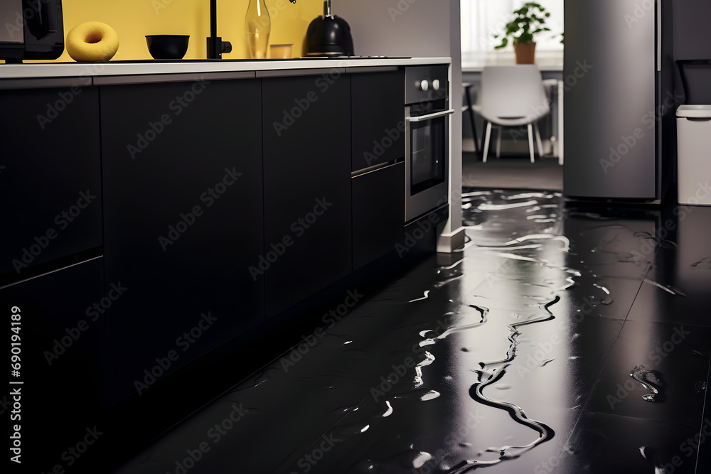 water on the floor in the black kitchen.flooding, neighbors, leaky ...