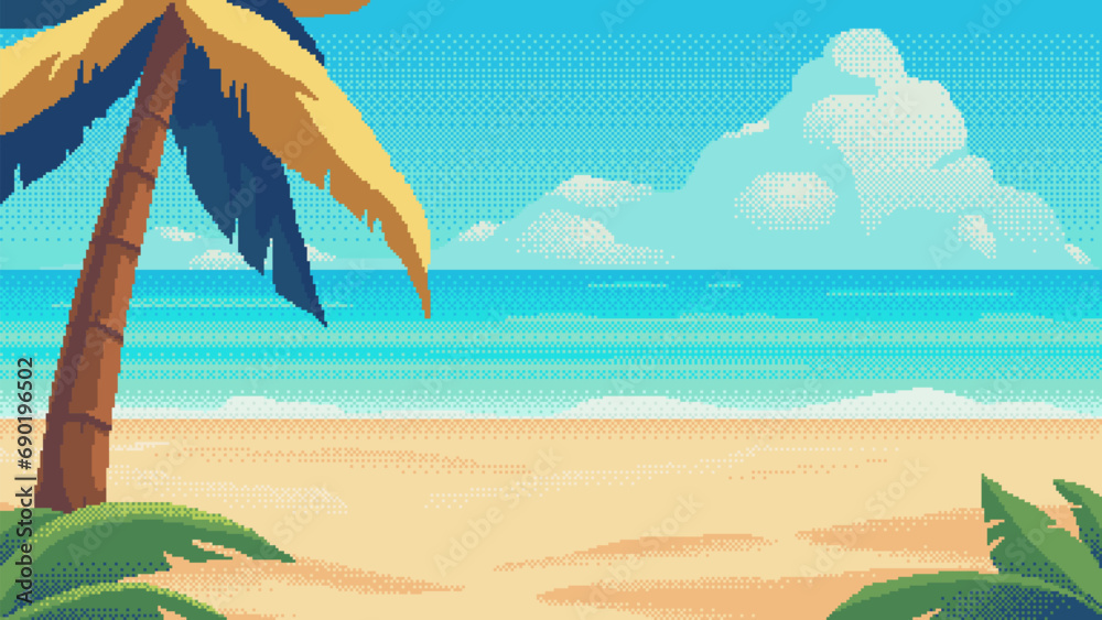 Beach pixel art background. 2d backdrop in 8-bit retro video game style ...
