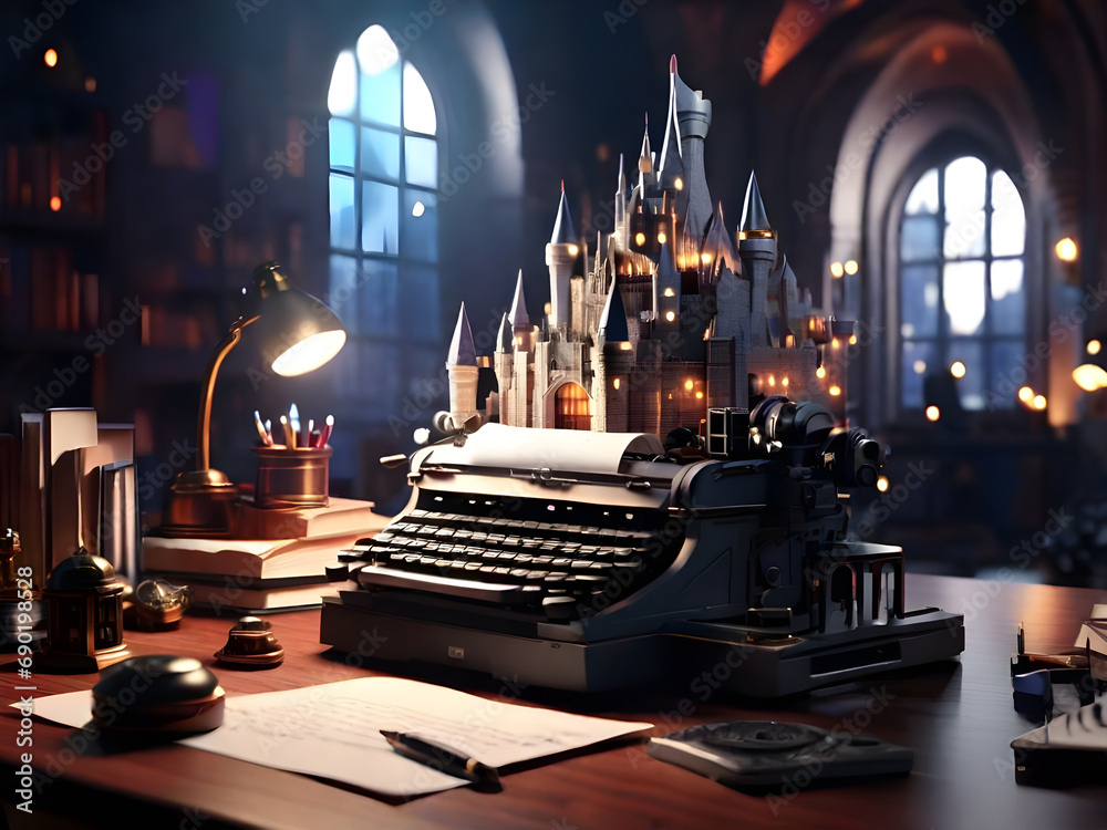 Animated fantasy writer workplace with a typewriter and paper castle ...