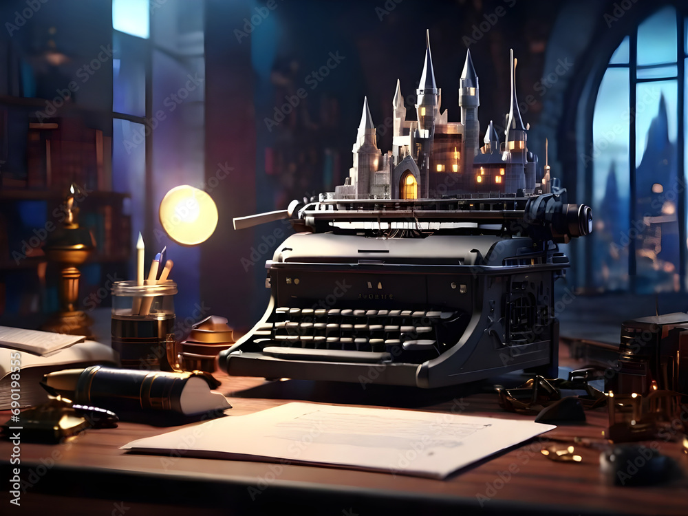 Animated fantasy writer workplace with a typewriter and paper castle ...