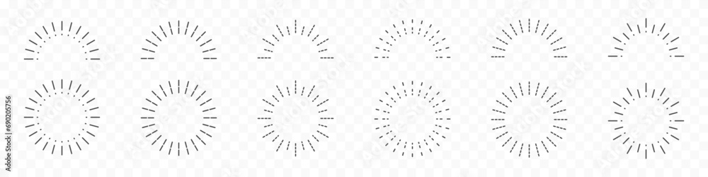 Round half sunburst, sunburst line sun rays icon set Stock Vector ...