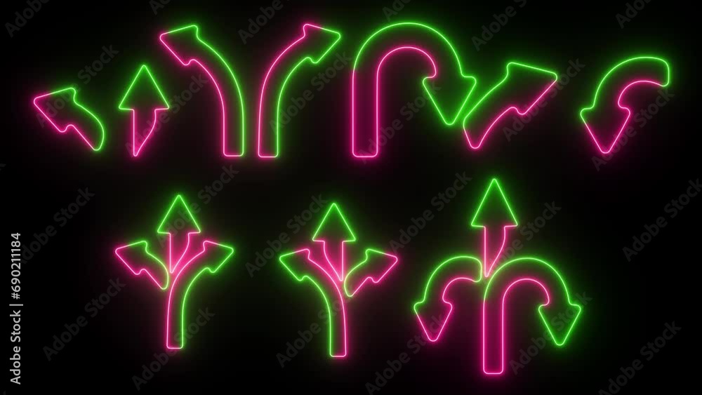 neon all direction arrow animation. glowing way direction arrow sign ...