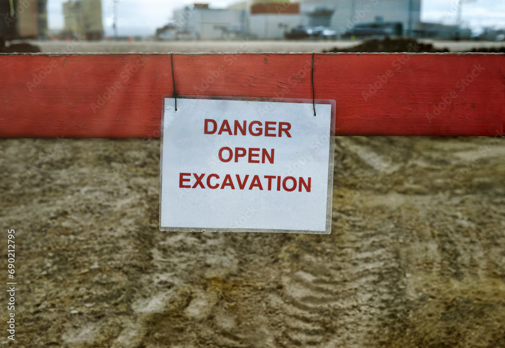 Vivid red warning sign with the text 'Danger Open Excavation' Stock ...