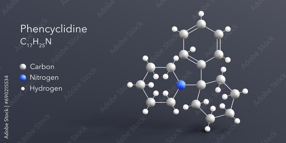phencyclidine molecule 3d rendering, flat molecular structure with ...
