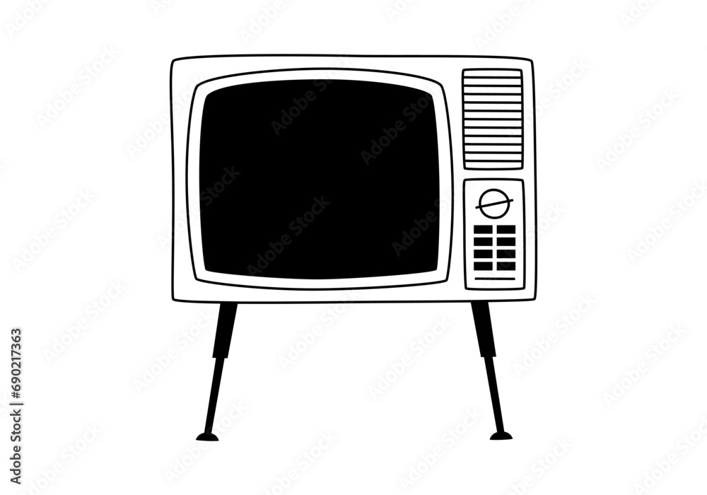Hand drawn cute outline illustration of retro television. Flat vector ...