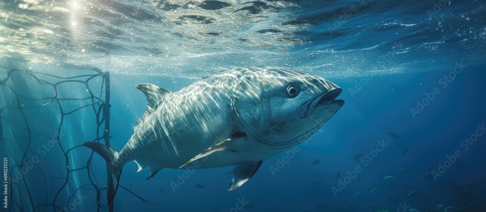 Giant Trevally Caranx ignobilis trapped inside the fishing net traps ...