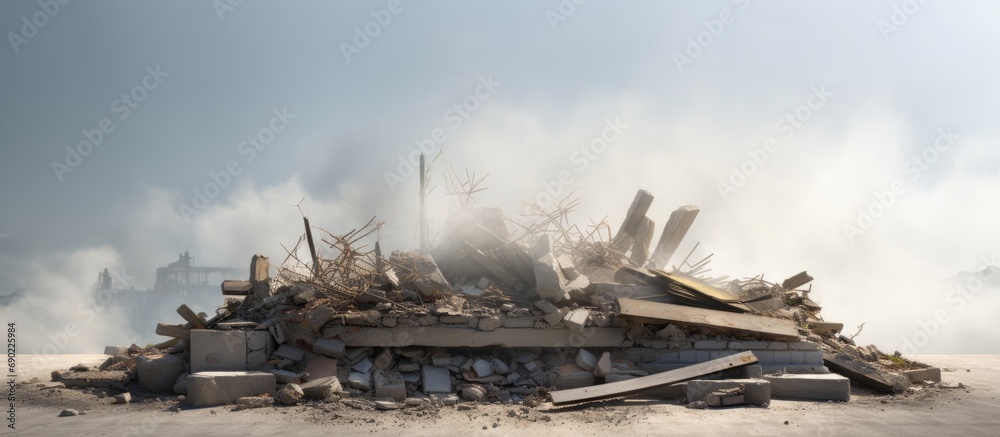 Panorama The remains of a large destroyed building with piles of construction debris Foundation ...