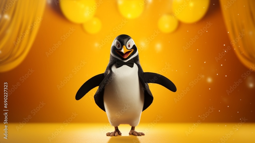An adorably clumsy penguin in a bowtie, striking a comical pose on a ...