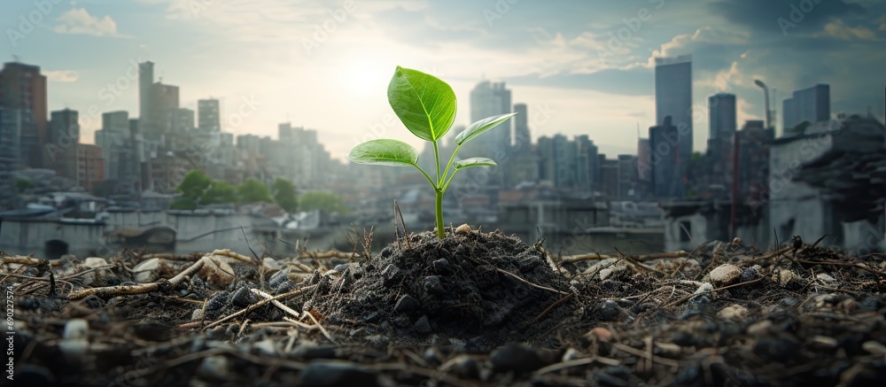 Green plant growing on dry cracked earth surrounded by waste of plastic ...