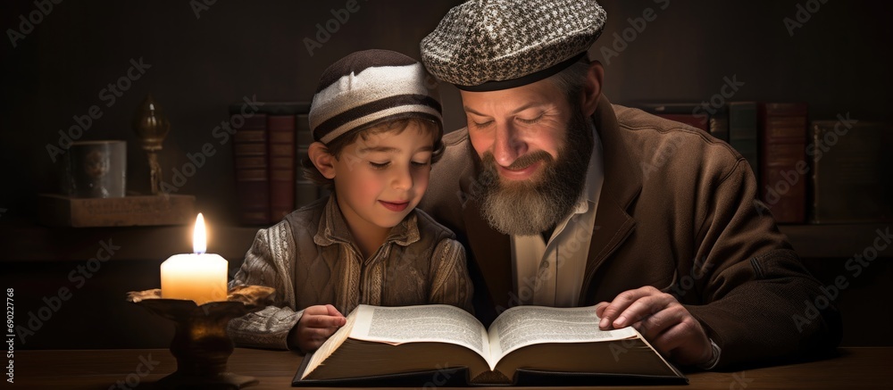Father and son wearing yarmulke and reading Hebrew bible while sitting ...