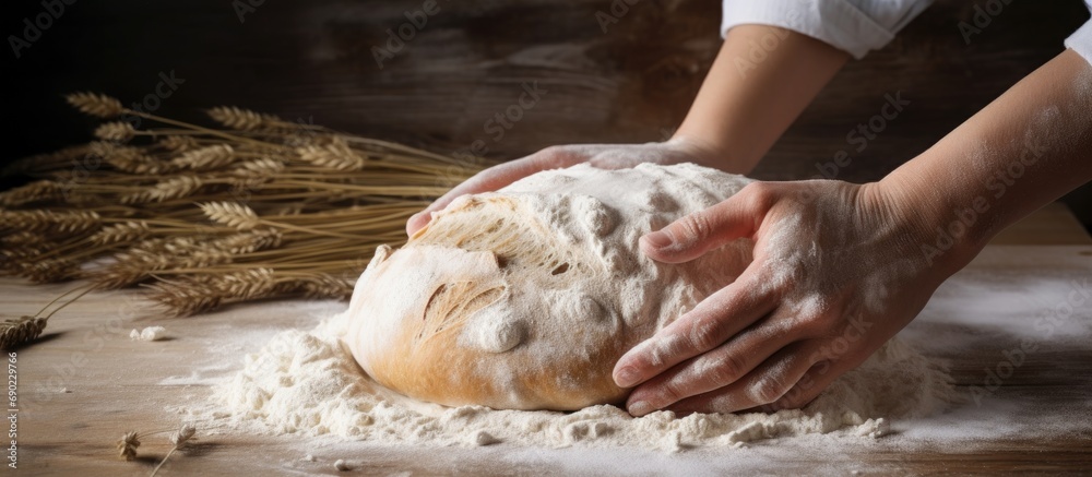 Making bread wheat with sourdough starter Homemade breadmaking female ...