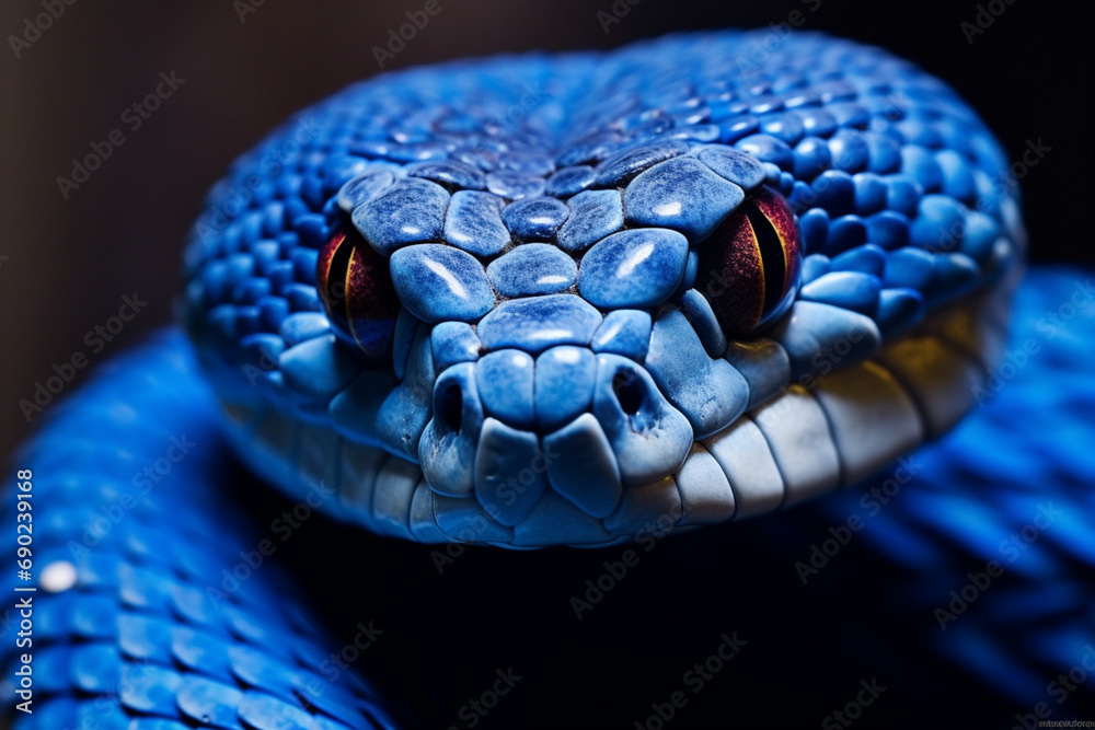 Blue viper snake closeup face, head of viper snake, Blue insularis, Trimeresurus Insularis ...