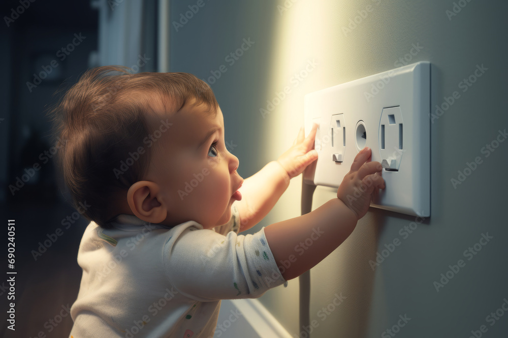Little baby girl playing with an electric light switch, close-up. Child ...