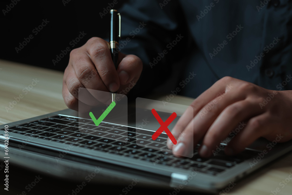 Businessmen think and choose between right and wrong symbols. True and ...