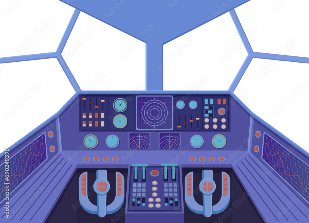 Spaceship cabin. Futuristic interior of control room with instruments ...