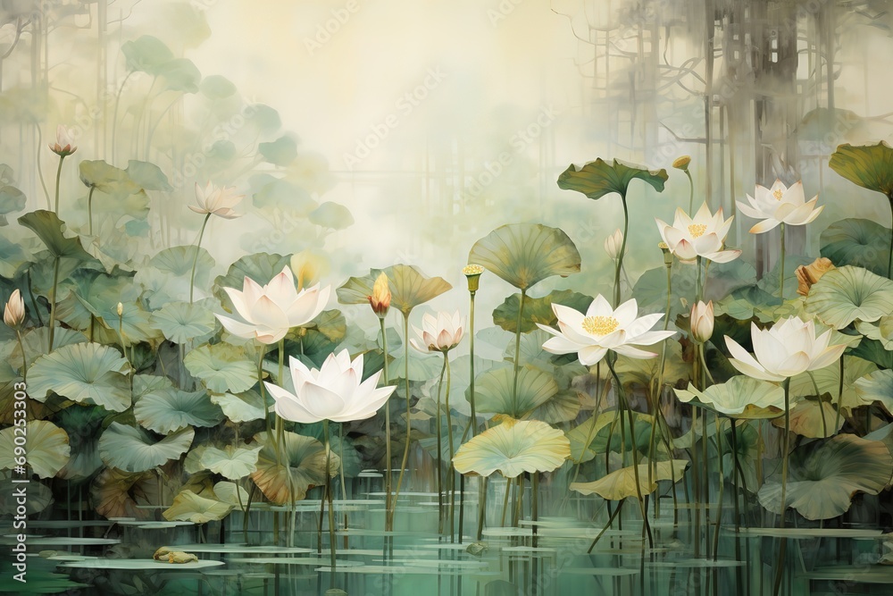 hand-drawn watercolor painting of a beautiful lotus lake. Landscape ...