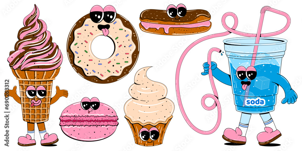 Cute sweets characters in retro cartoon style. Colorful set of mascots ...