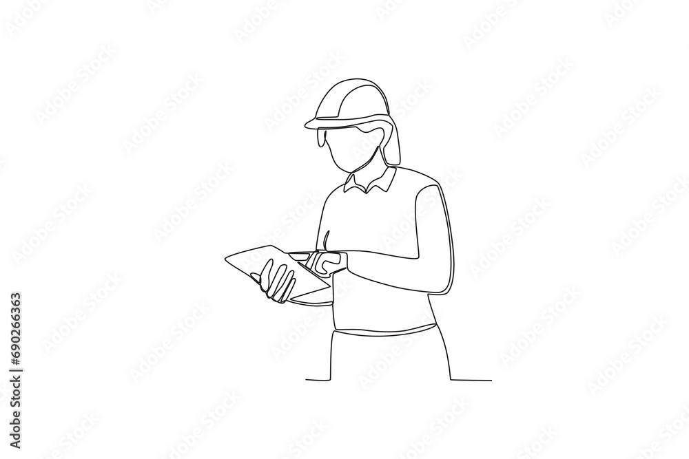 One line drawing of Female field worker looking at data on ipad. Great ...